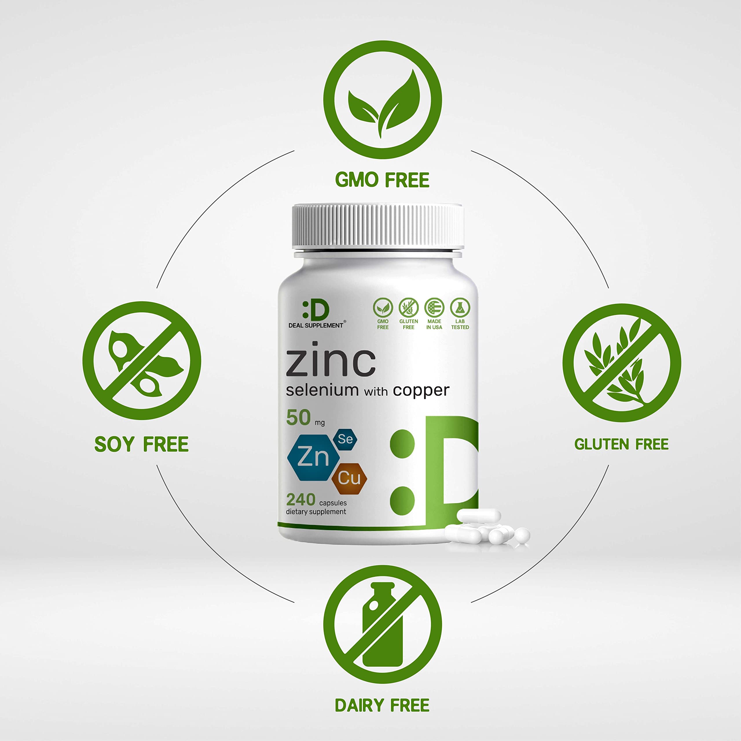 Zinc 50mg with Selenium 200mcg + Copper, 240 Capsules, 8 Month Supply, 3 in 1 Mineral Formula, Zinc Picolinate Complex Supplement, Supports Healthy Immune System for Adults and Kid