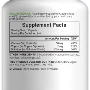 Zinc 50mg with Selenium 200mcg + Copper, 240 Capsules, 8 Month Supply, 3 in 1 Mineral Formula, Zinc Picolinate Complex Supplement, Supports Healthy Immune System for Adults and Kid