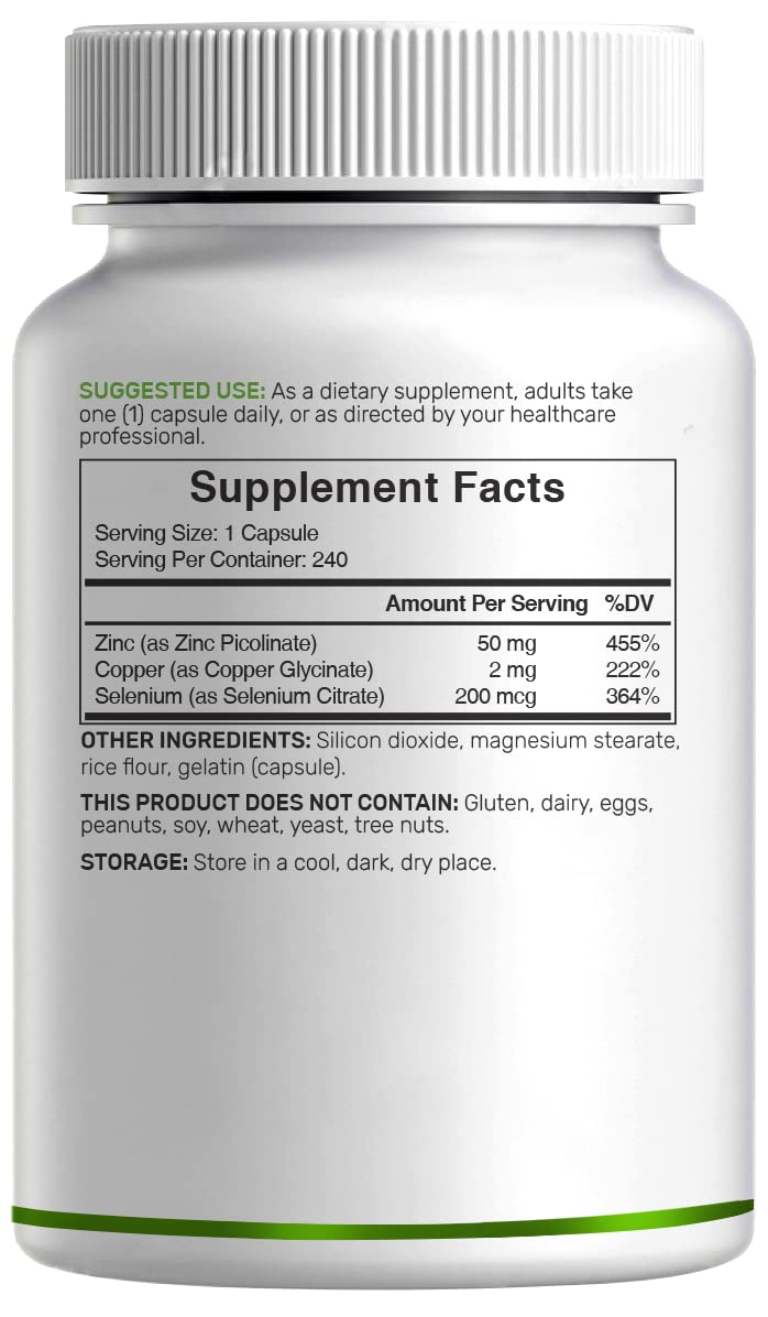 Zinc 50mg with Selenium 200mcg + Copper, 240 Capsules, 8 Month Supply, 3 in 1 Mineral Formula, Zinc Picolinate Complex Supplement, Supports Healthy Immune System for Adults and Kid