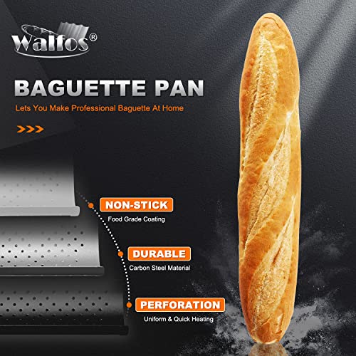 Walfos Non-stick Perforated French Baguette Bread Pan with Professional Proofing Cloth, 15"X 13" French Bread Baking Pan, 4 Wave Loaves Loaf Bake Mold Toast Perforated Bakers Molding