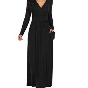 LILBETTER Womens Long Sleeve V-Neck Wrap Waist Maxi Dress(Black XX-Large)