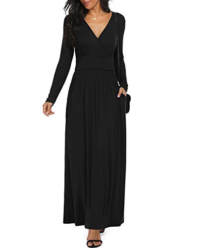 LILBETTER Womens Long Sleeve V-Neck Wrap Waist Maxi Dress(Black XX-Large)