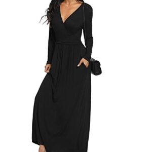 LILBETTER Womens Long Sleeve V-Neck Wrap Waist Maxi Dress(Black XX-Large)