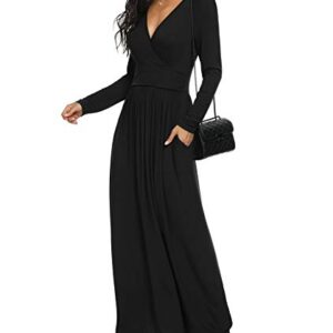 LILBETTER Womens Long Sleeve V-Neck Wrap Waist Maxi Dress(Black XX-Large)