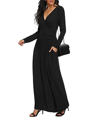 LILBETTER Womens Long Sleeve V-Neck Wrap Waist Maxi Dress(Black XX-Large)