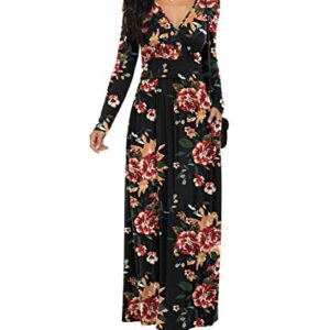 LILBETTER Womens Long Sleeve V-Neck Wrap Waist Maxi Dress(F Brown Floral Black X-Large)