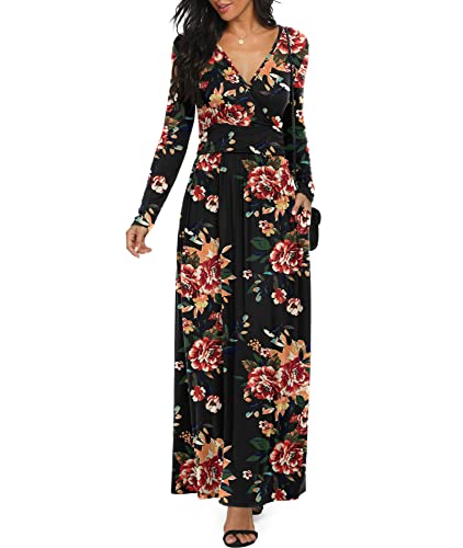 LILBETTER Womens Long Sleeve V-Neck Wrap Waist Maxi Dress(F Brown Floral Black X-Large)