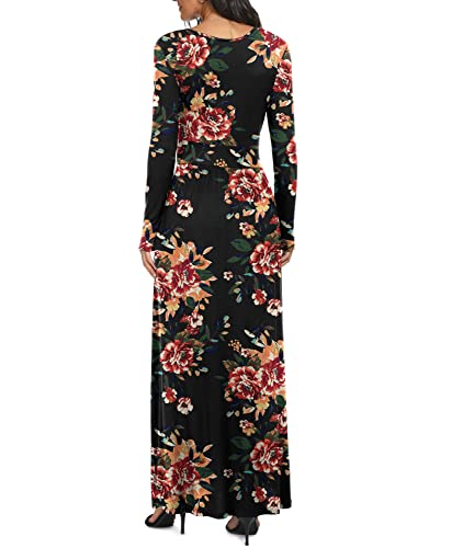 LILBETTER Womens Long Sleeve V-Neck Wrap Waist Maxi Dress(F Brown Floral Black X-Large)