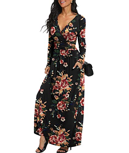 LILBETTER Womens Long Sleeve V-Neck Wrap Waist Maxi Dress(F Brown Floral Black X-Large)