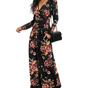 LILBETTER Womens Long Sleeve V-Neck Wrap Waist Maxi Dress(F Brown Floral Black X-Large)