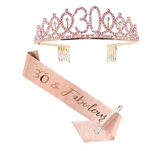 30th birthday sash and tiara for women, rose gold birthday sash crown 30 & fabulous sash and tiara for women, 30th birthday gifts for happy 30th birthday party supplies