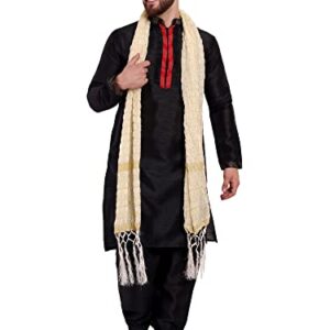 SKAVIJ Men's Art Silk Kurta Pajama and Scarf Ethnic Wedding Suit Party Dress Set (Small, Black)