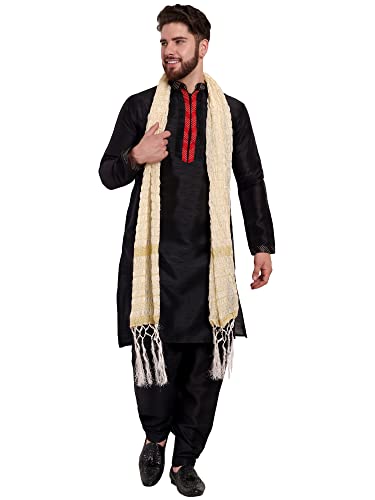 SKAVIJ Men's Art Silk Kurta Pajama and Scarf Ethnic Wedding Suit Party Dress Set (Small, Black)