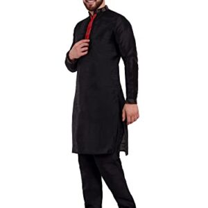 SKAVIJ Men's Art Silk Kurta Pajama and Scarf Ethnic Wedding Suit Party Dress Set (Small, Black)