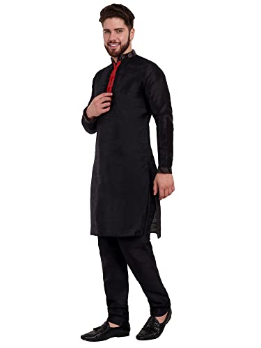 SKAVIJ Men's Art Silk Kurta Pajama and Scarf Ethnic Wedding Suit Party Dress Set (Small, Black)