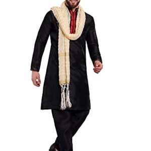 SKAVIJ Men's Art Silk Kurta Pajama and Scarf Ethnic Wedding Suit Party Dress Set (Small, Black)