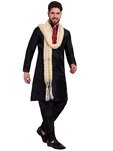 SKAVIJ Men's Art Silk Kurta Pajama and Scarf Ethnic Wedding Suit Party Dress Set (Small, Black)