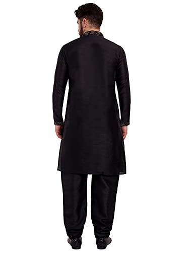 SKAVIJ Men's Art Silk Kurta Pajama and Scarf Ethnic Wedding Suit Party Dress Set (Small, Black)