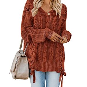 Womens Pullover Sweaters Plus Size Cable Knit V Neck Lace Up Long Sleeve Fall Jumper Tops Brick Red