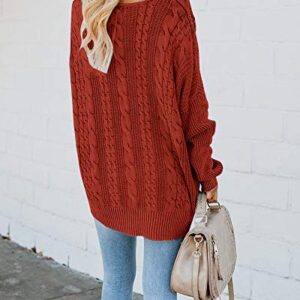 Womens Pullover Sweaters Plus Size Cable Knit V Neck Lace Up Long Sleeve Fall Jumper Tops Brick Red