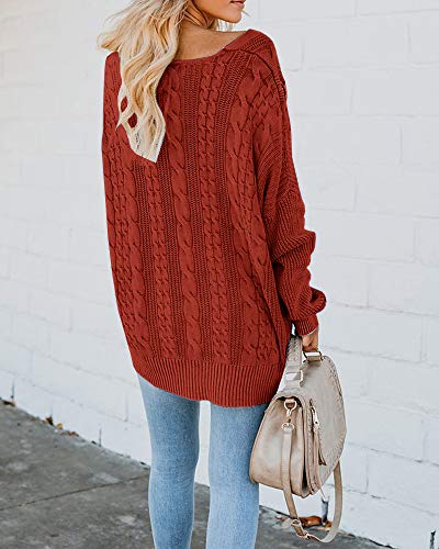 Womens Pullover Sweaters Plus Size Cable Knit V Neck Lace Up Long Sleeve Fall Jumper Tops Brick Red