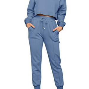 ZESICA Women's Long Sleeve Crop Top and Pants Pajama Sets 2 Piece Jogger Long Sleepwear Loungewear Pjs Sets,Blue,Large