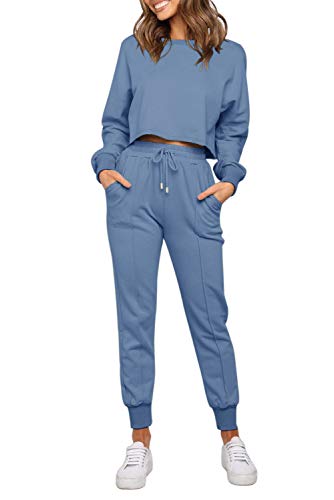 ZESICA Women's Long Sleeve Crop Top and Pants Pajama Sets 2 Piece Jogger Long Sleepwear Loungewear Pjs Sets,Blue,Large