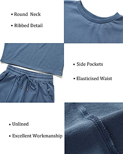 ZESICA Women's Long Sleeve Crop Top and Pants Pajama Sets 2 Piece Jogger Long Sleepwear Loungewear Pjs Sets,Blue,Large