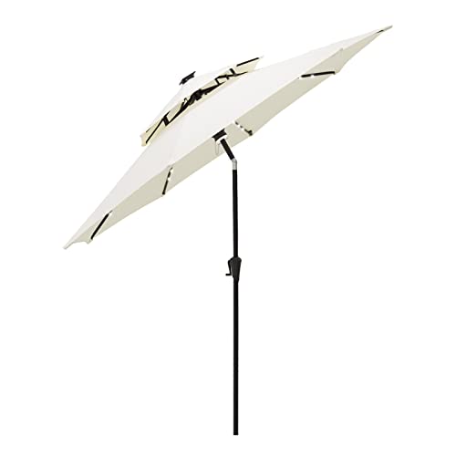 FLAME&SHADE 9 ft Double Top Solar Powered Outdoor Market Patio Table Umbrella with LED Lights and Tilt, Ivory