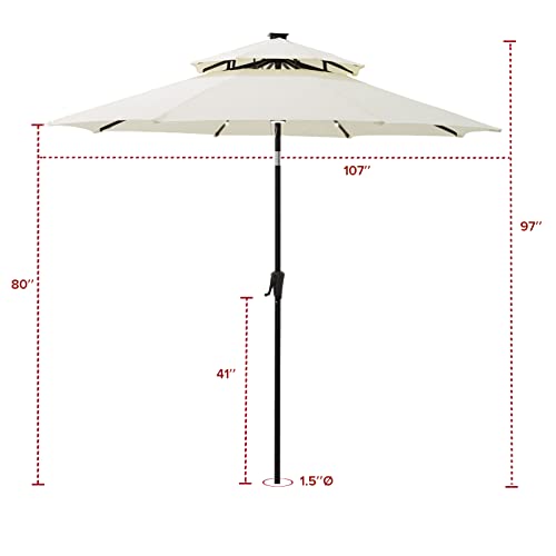 FLAME&SHADE 9 ft Double Top Solar Powered Outdoor Market Patio Table Umbrella with LED Lights and Tilt, Ivory