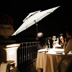 FLAME&SHADE 9 ft Double Top Solar Powered Outdoor Market Patio Table Umbrella with LED Lights and Tilt, Ivory