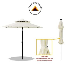 FLAME&SHADE 9 ft Double Top Solar Powered Outdoor Market Patio Table Umbrella with LED Lights and Tilt, Ivory