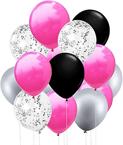 Kubert Silver Black and Pink Metallic Balloons and Clear Latex Pre-Filled with Silver Confetti 50Pack 12 Inch for Wedding Anniversary Bachelorette Bridal Shower Birthday and Graduation Party Supplies