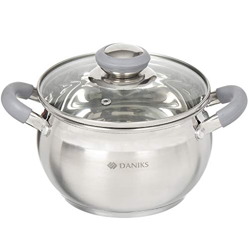 Daniks Modern Stainless Steel Stock Pot with Glass Lid| Induction 2 Quart | Dishwasher Safe Pot | Heatproof Handles | Soup Pasta Stew Pot | Silver