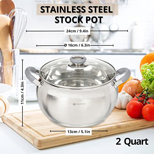 Daniks Modern Stainless Steel Stock Pot with Glass Lid| Induction 2 Quart | Dishwasher Safe Pot | Heatproof Handles | Soup Pasta Stew Pot | Silver