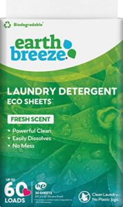 earth breeze laundry detergent sheets - fresh scent - no plastic jug (60 loads) 30 sheets, liquidless technology…