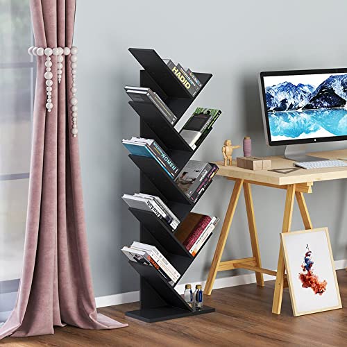 Function Home Tree Bookshelf, 9 Shelf Small Geometric Bookcase, Free Standing Book Shelves, Unique Wood Storage Rack for CDs/Books Utility Organizer Shelves for Living Room, Bedroom, Home Office,Black