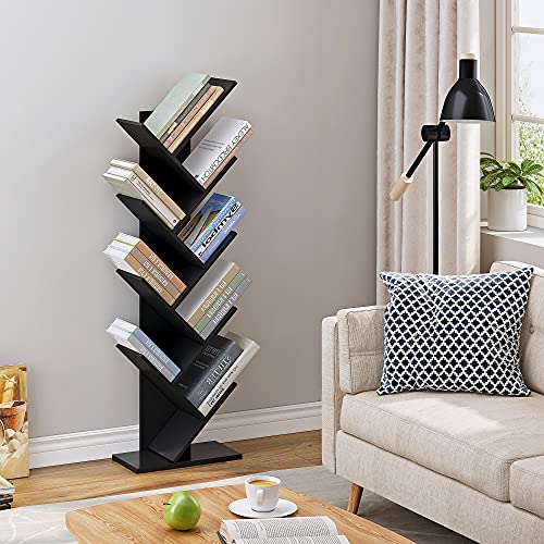 Function Home Tree Bookshelf, 9 Shelf Small Geometric Bookcase, Free Standing Book Shelves, Unique Wood Storage Rack for CDs/Books Utility Organizer Shelves for Living Room, Bedroom, Home Office,Black