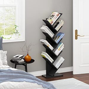 Function Home Tree Bookshelf, 9 Shelf Small Geometric Bookcase, Free Standing Book Shelves, Unique Wood Storage Rack for CDs/Books Utility Organizer Shelves for Living Room, Bedroom, Home Office,Black