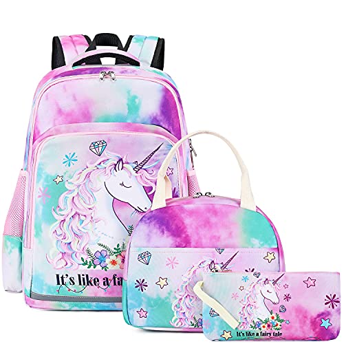 BTOOP Girls Backpack Kids Elementary Bookbag Girly School Bag with Insulated Lunch Tote and Pencil Pouch (Tie dye green purple pink)