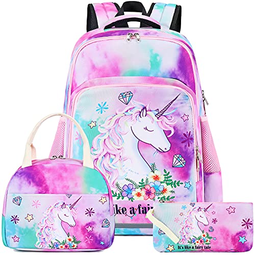 BTOOP Girls Backpack Kids Elementary Bookbag Girly School Bag with Insulated Lunch Tote and Pencil Pouch (Tie dye green purple pink)