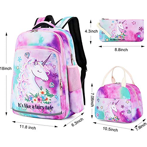 BTOOP Girls Backpack Kids Elementary Bookbag Girly School Bag with Insulated Lunch Tote and Pencil Pouch (Tie dye green purple pink)