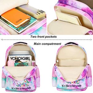 BTOOP Girls Backpack Kids Elementary Bookbag Girly School Bag with Insulated Lunch Tote and Pencil Pouch (Tie dye green purple pink)