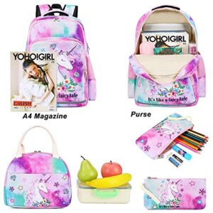 BTOOP Girls Backpack Kids Elementary Bookbag Girly School Bag with Insulated Lunch Tote and Pencil Pouch (Tie dye green purple pink)