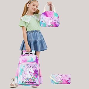 BTOOP Girls Backpack Kids Elementary Bookbag Girly School Bag with Insulated Lunch Tote and Pencil Pouch (Tie dye green purple pink)