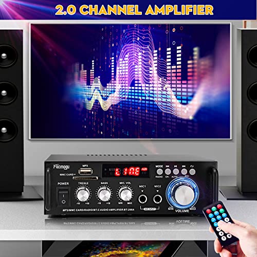 Facmogu 298A Max 300Wx2 Wireless Bluetooth 5.0 Stereo Audio Amplifier, RMS 40Wx2 Power Amp 2 Channel Stereo Receiver for Home Theater Speakers, Bass & Treble Control, USB/SD/RCA/MIC/FM in, Remote