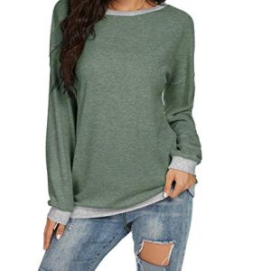 JINKESI Women Long Sleeve Tops Color Block Sweatshirts Round Neck Loose Tunic Top VG-Green-X-Large