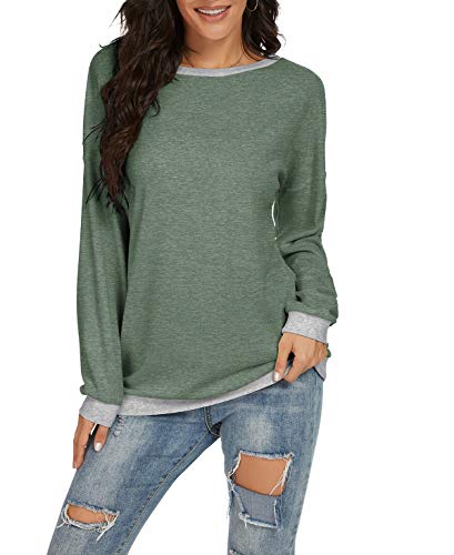 JINKESI Women Long Sleeve Tops Color Block Sweatshirts Round Neck Loose Tunic Top VG-Green-X-Large