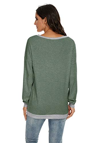 JINKESI Women Long Sleeve Tops Color Block Sweatshirts Round Neck Loose Tunic Top VG-Green-X-Large