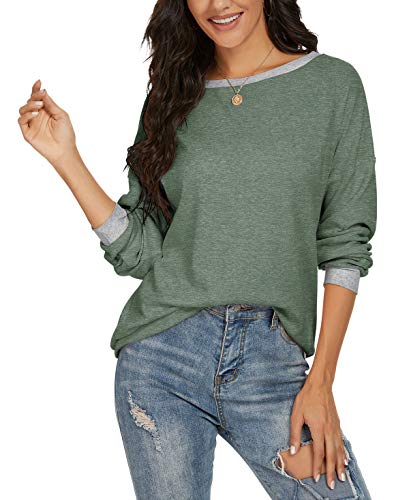 JINKESI Women Long Sleeve Tops Color Block Sweatshirts Round Neck Loose Tunic Top VG-Green-X-Large